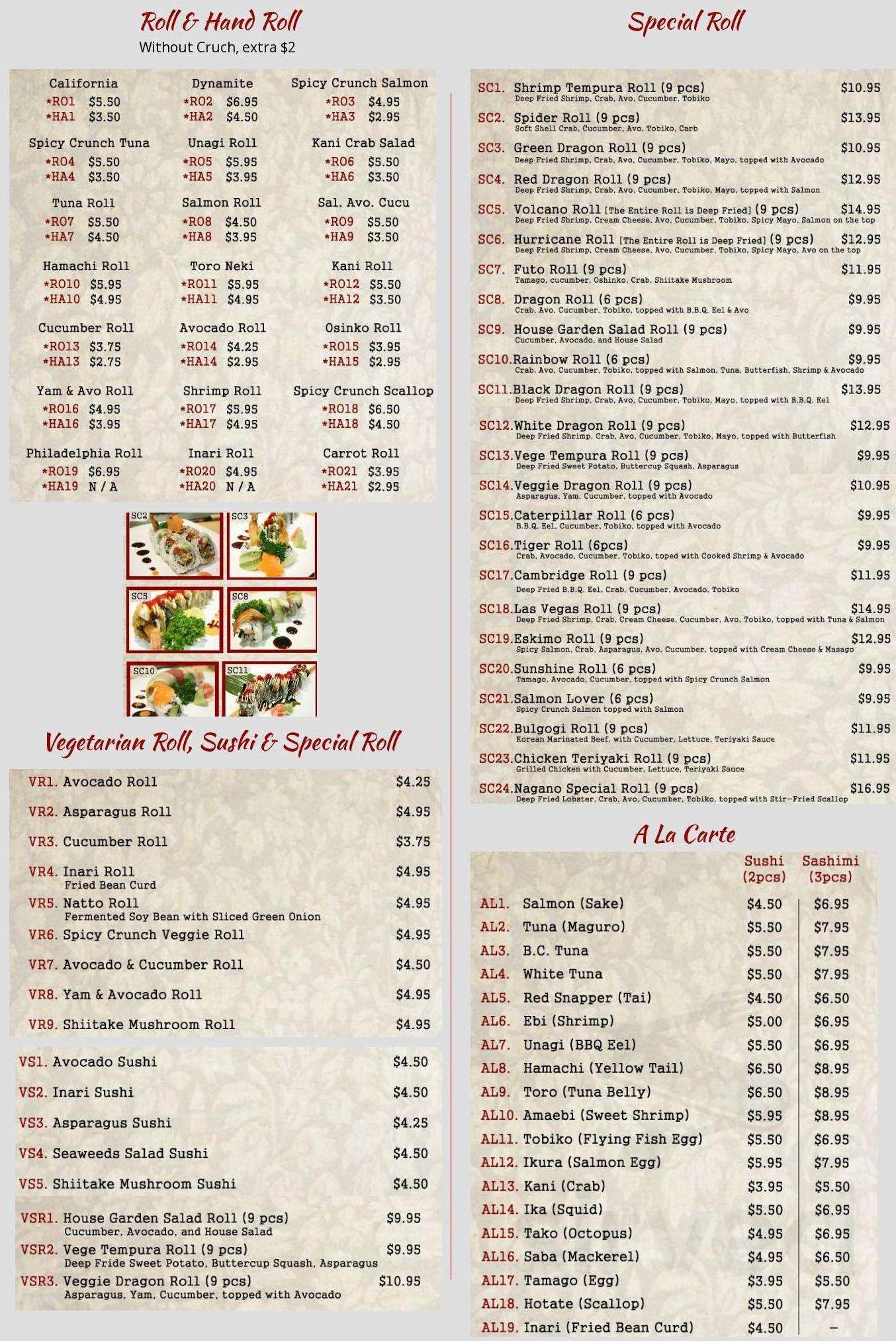 Nagano menus in Cambridge, Ontario, Canada