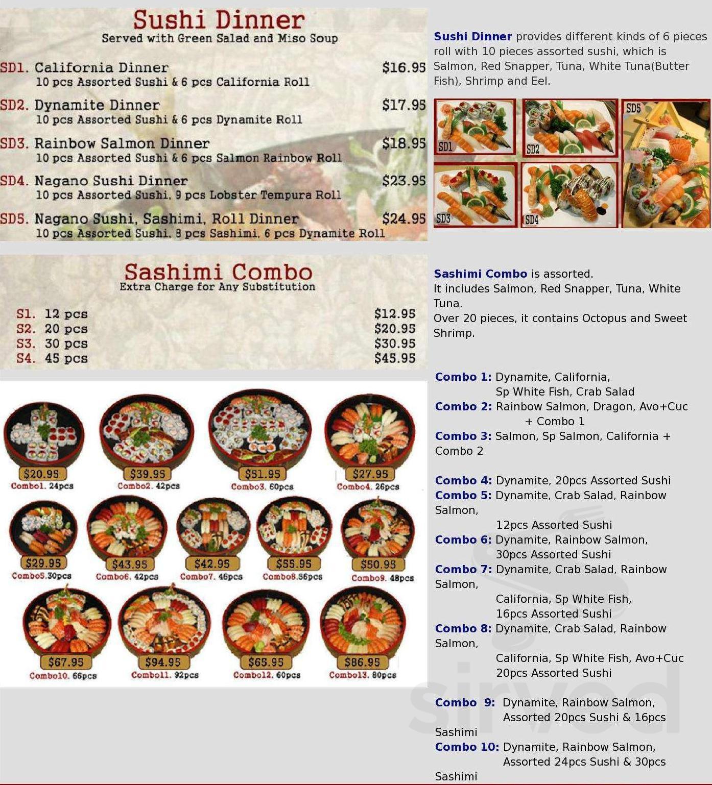 Nagano menu in Cambridge, Ontario, Canada