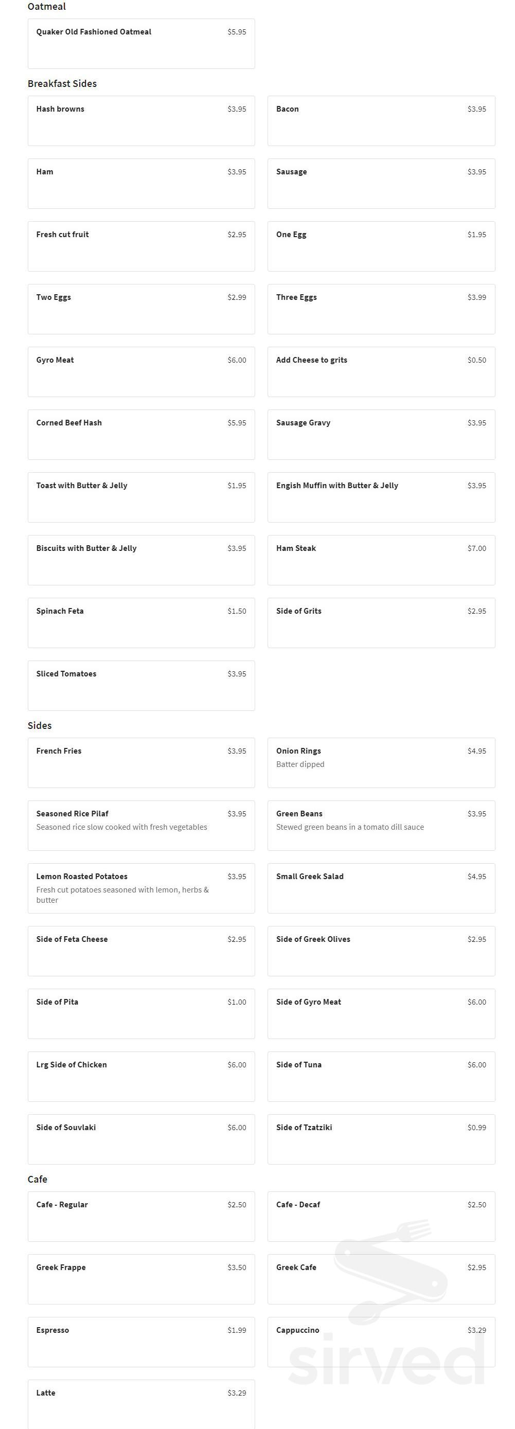 Spiro's Taverna menu in Palm City, Florida, USA