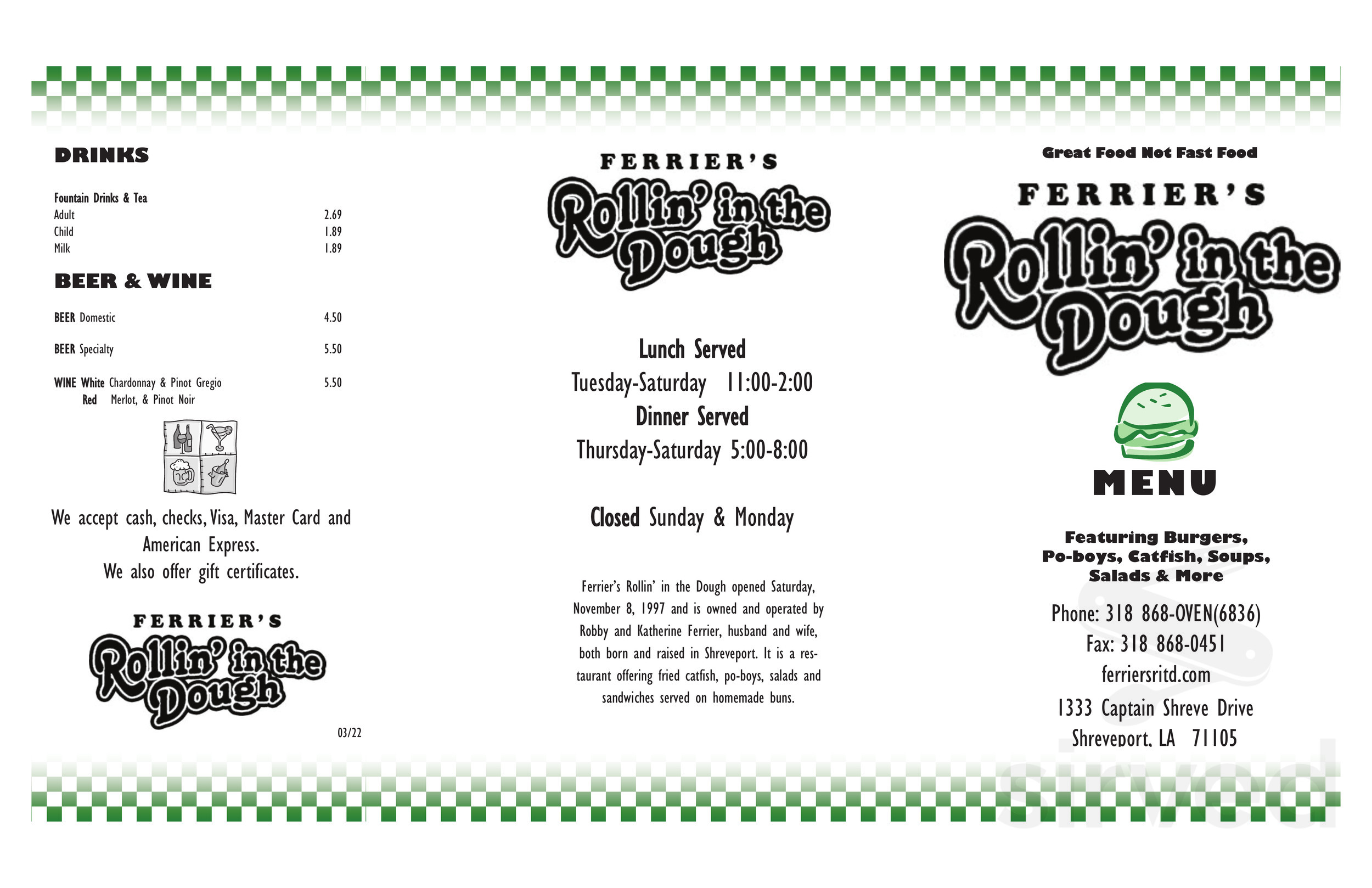 Menu for Ferrier's Rollin' In the Dough in Shreveport, Louisiana ...