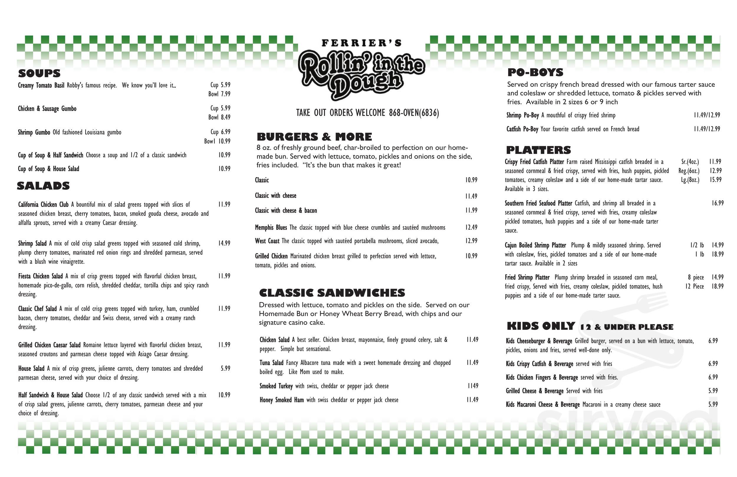 Ferrier's Rollin' In the Dough menu in Shreveport, Louisiana, USA