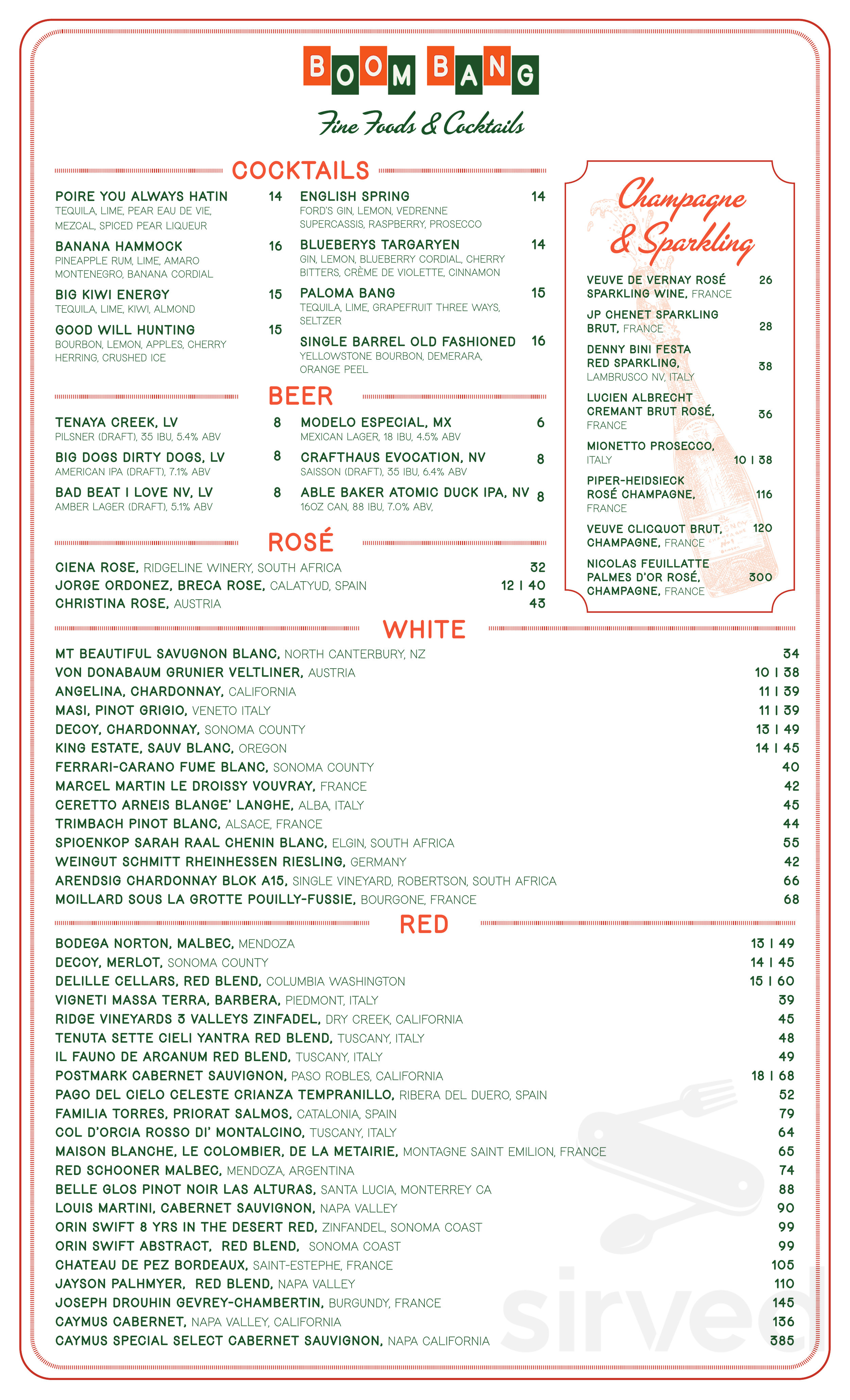 Boom Bang Fine Foods & Cocktails menu in Henderson, Nevada, USA