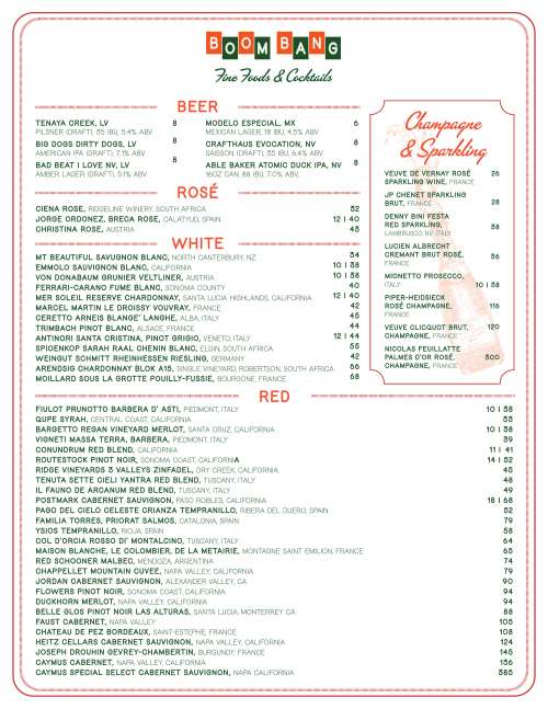 Boom Bang Fine Foods & Cocktails menu in Henderson, Nevada, USA