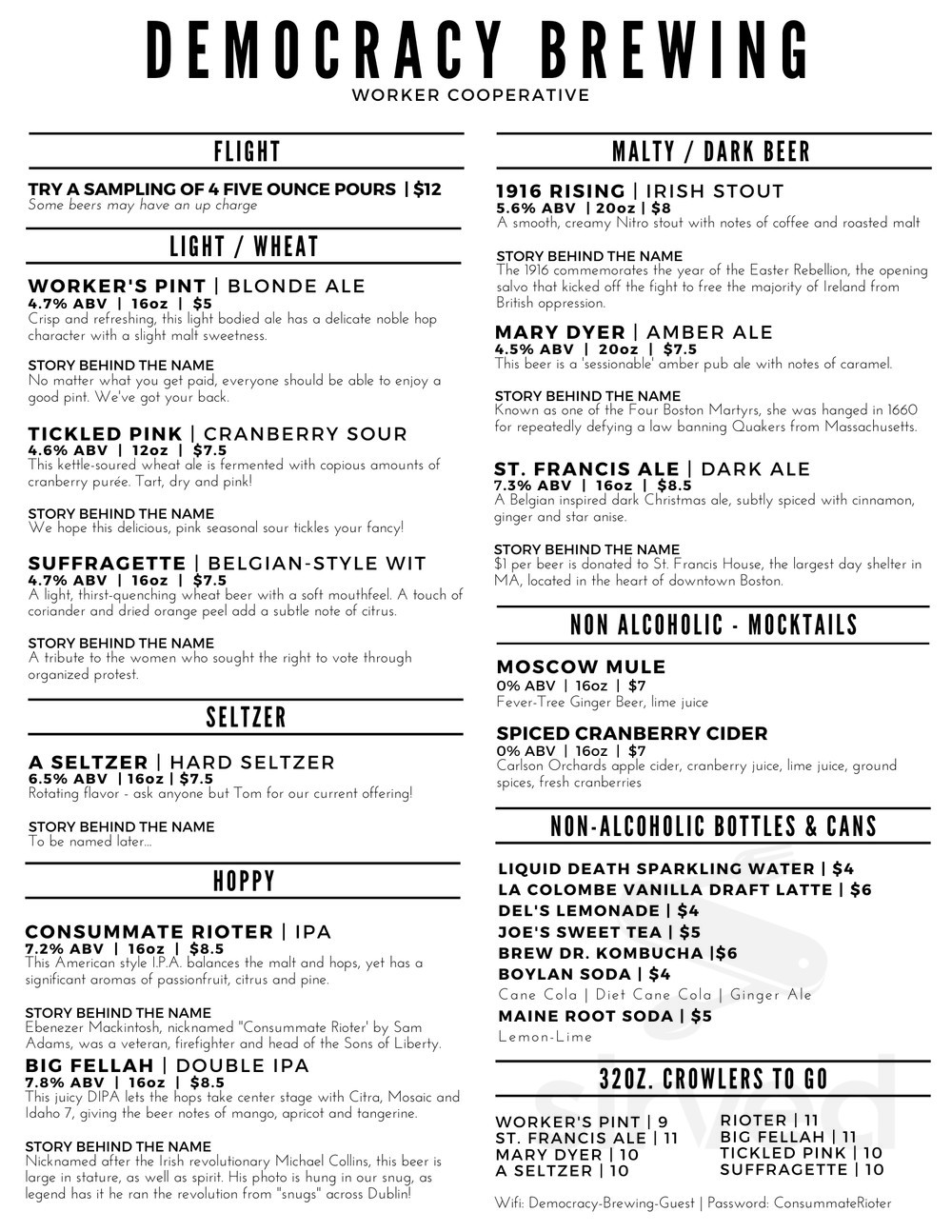 Democracy Brewing menu in Boston, Massachusetts, USA