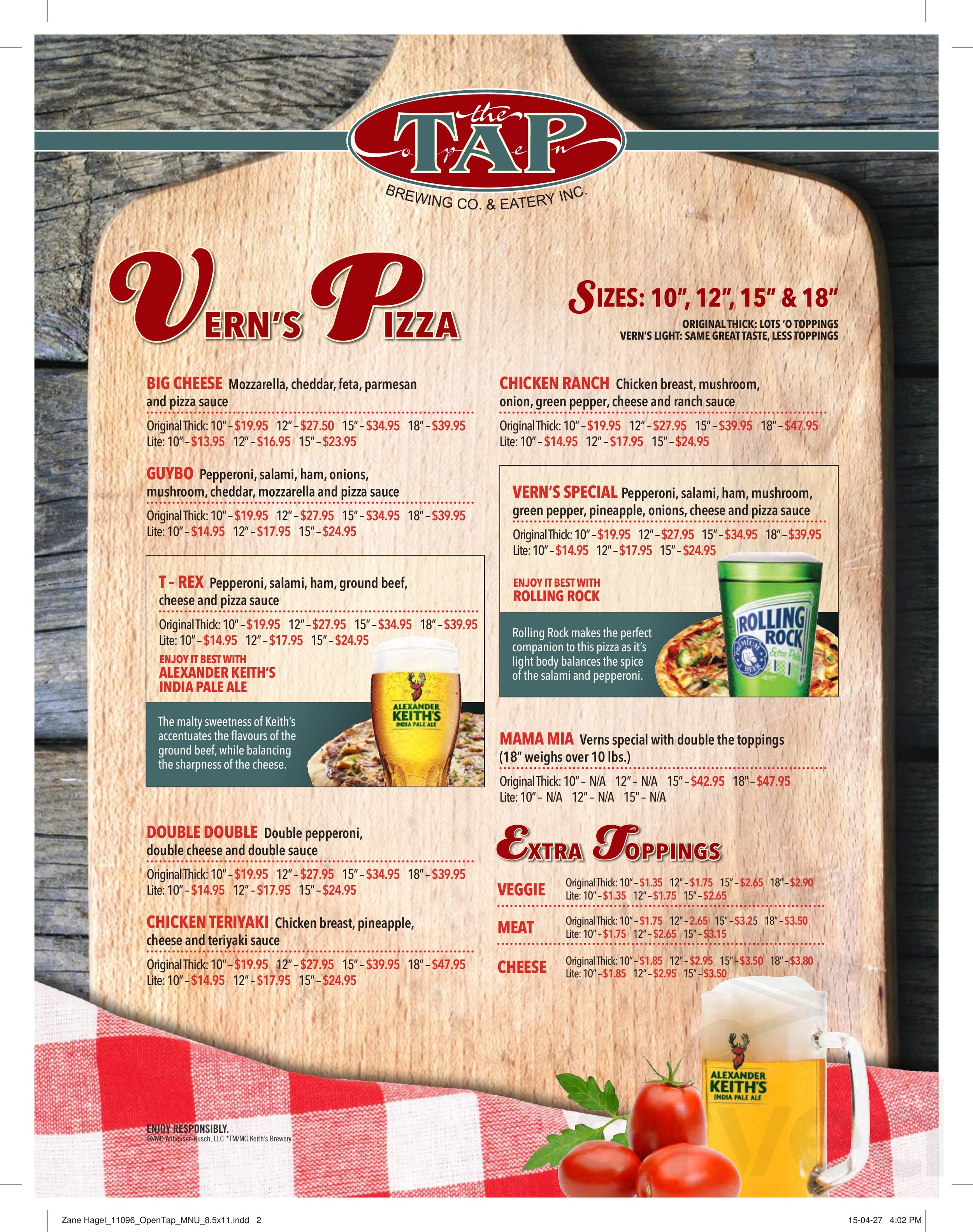 The Tap Brewhouse and Liquor Store menu in Regina, Saskatchewan, Canada
