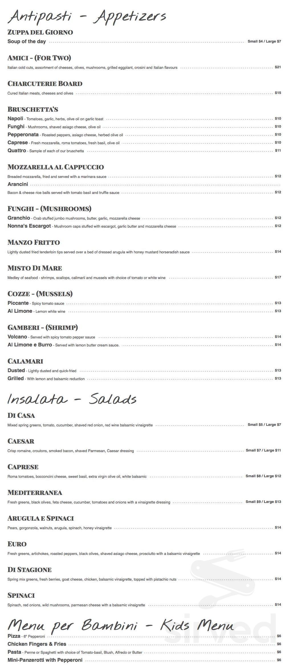 Mamma Maria's Ristorante menu in Chatham, Ontario, Canada