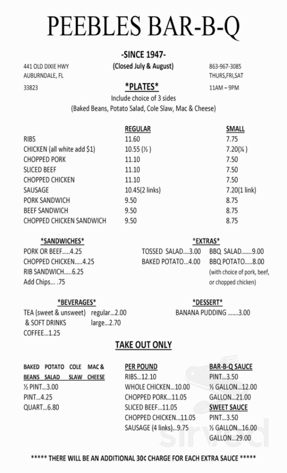 Menu for Peebles Bar-B-Q in Auburndale, FL | Sirved