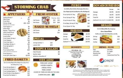 Storming Crab menu in Henderson, Nevada, USA