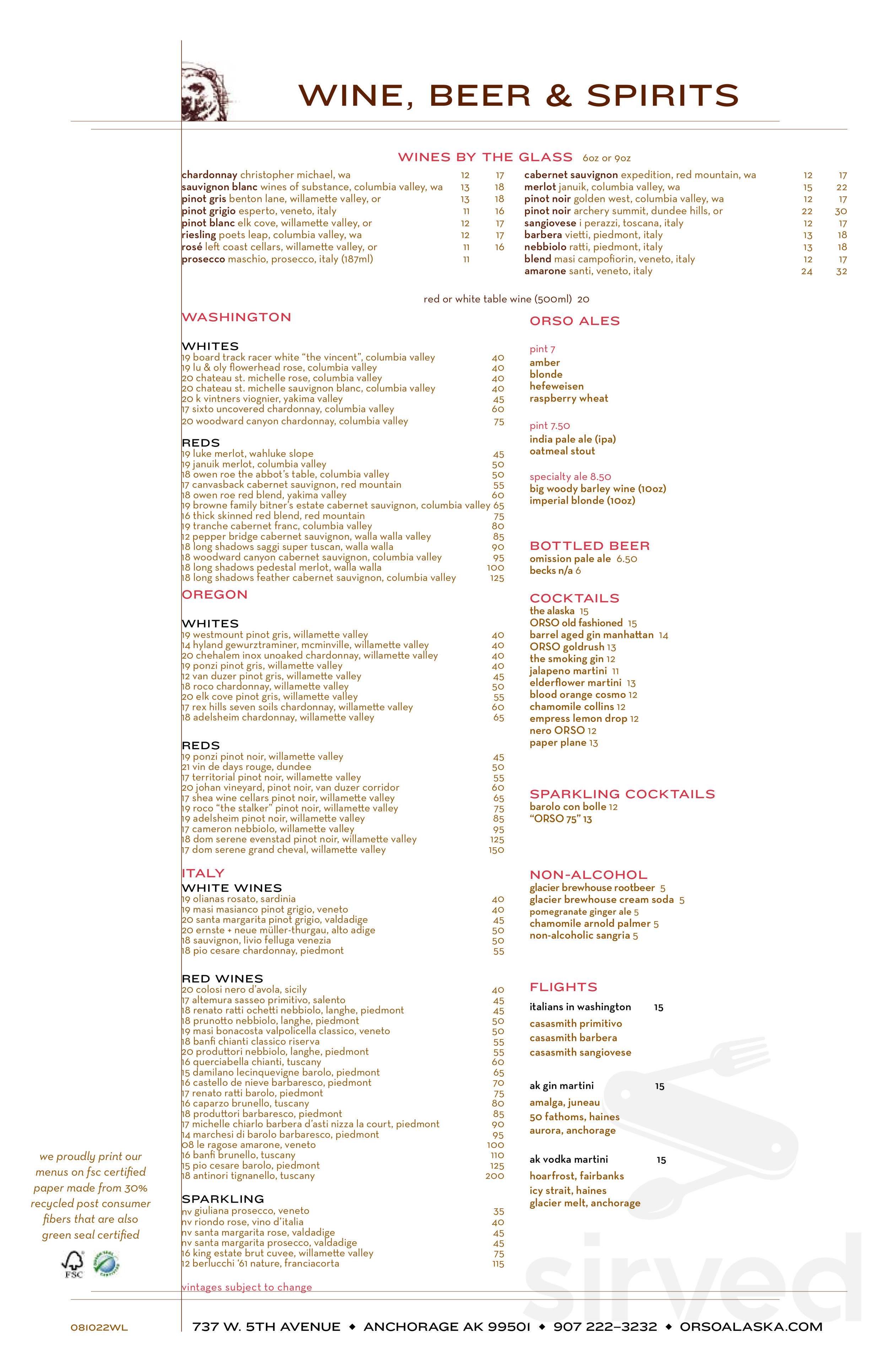 Orso menu in Anchorage, Alaska, USA