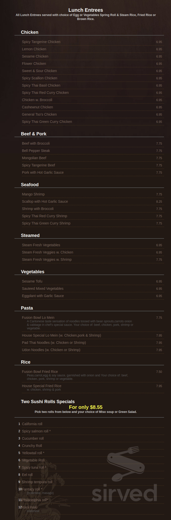 Menu for Fusion Bowl Asian bistro and sushi in Mooresville, NC | Sirved