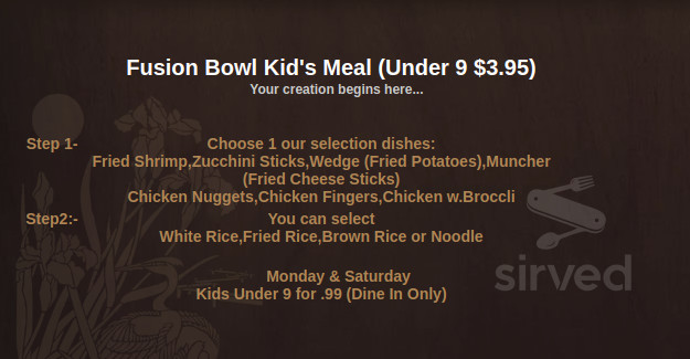 Fusion Bowl Asian bistro and sushi menu in Mooresville, North Carolina, USA