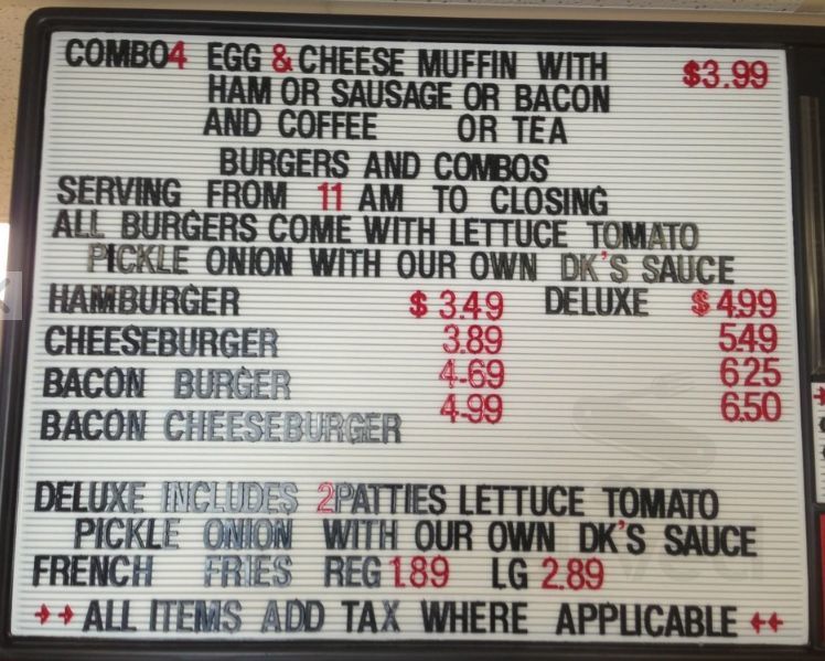 DK Donuts & Burgers menu in Oxford, Michigan, USA