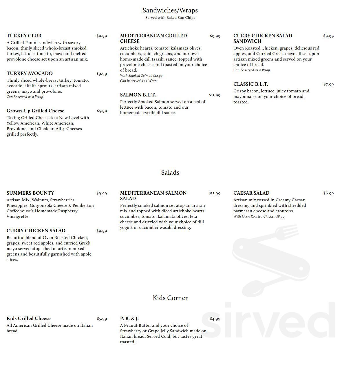 Pemberton Coffeehouse menu in Salisbury, Maryland, USA