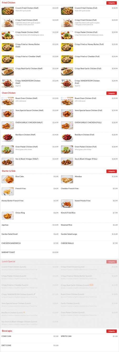 Vons Chicken menu in Edmonds, Washington, USA