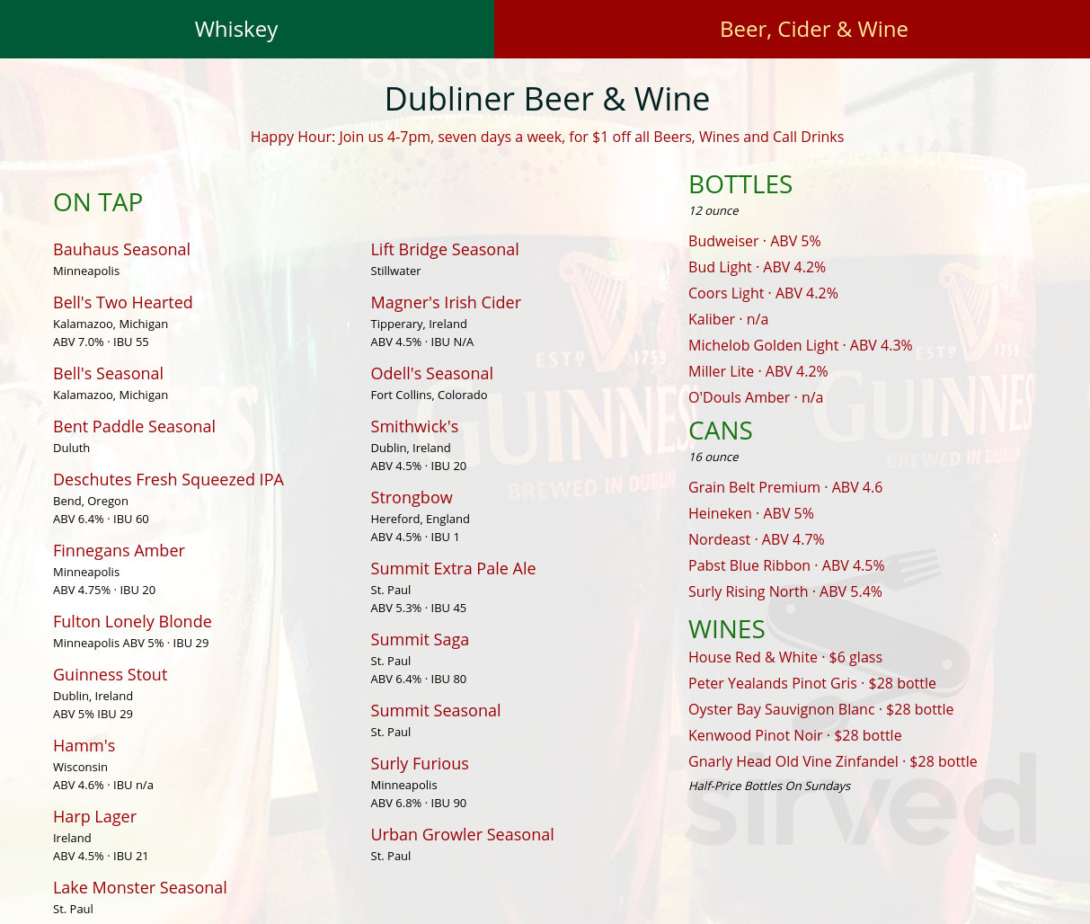 The Dubliner Pub menu in St Paul, Minnesota, USA