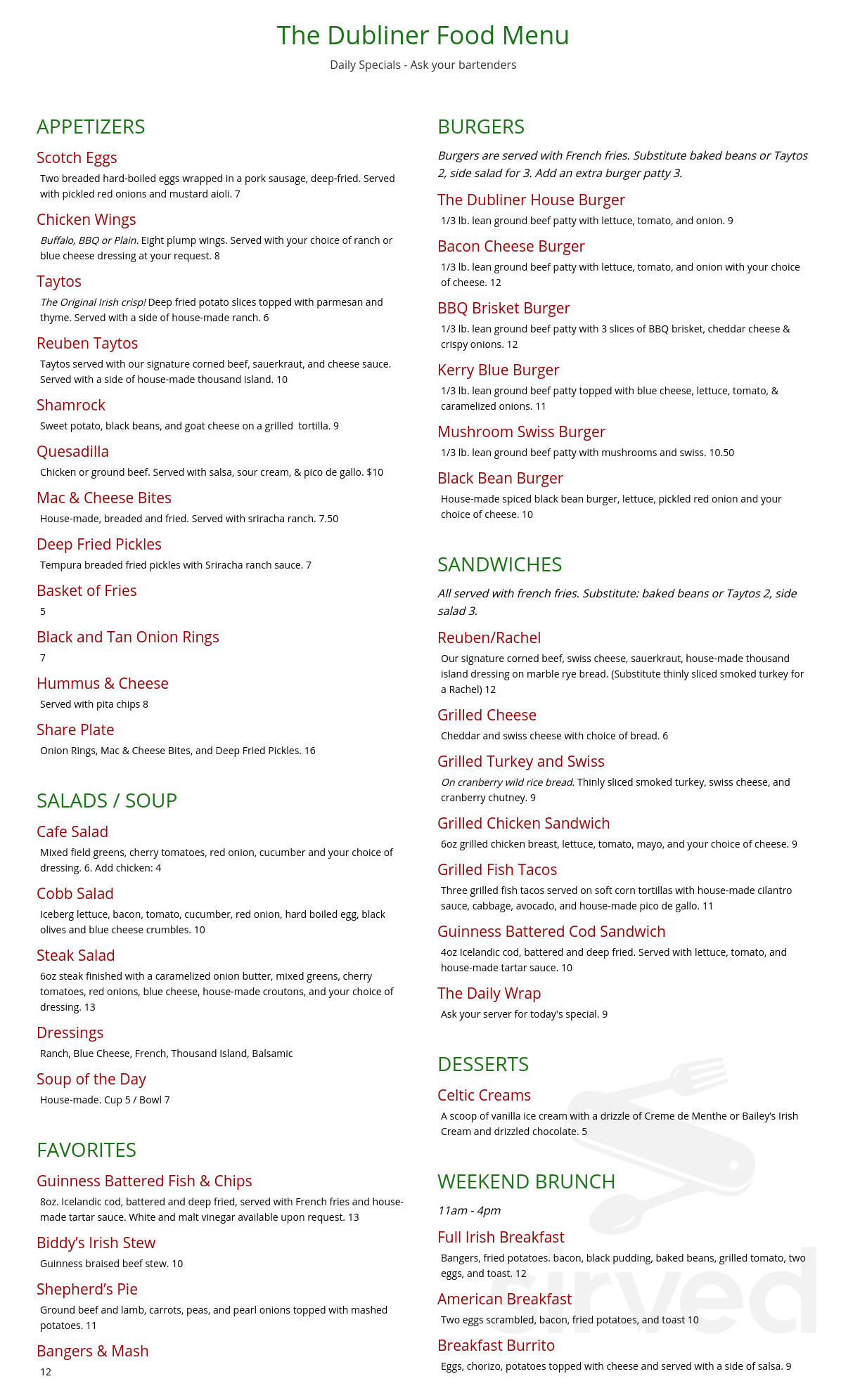 The Dubliner Pub menu in St Paul, Minnesota, USA