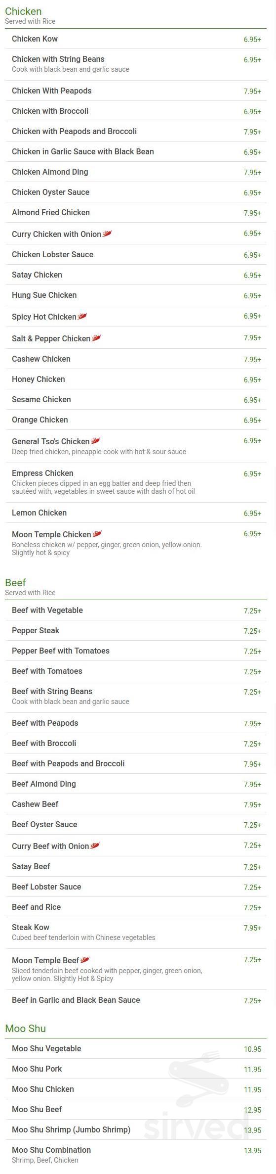 Menu - Berkeley IL's Moon Temple Chinese Restaurant | Sirved