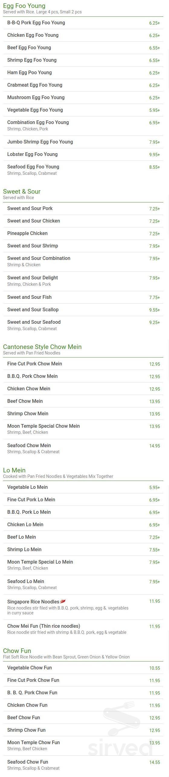 Menu - Berkeley IL's Moon Temple Chinese Restaurant | Sirved