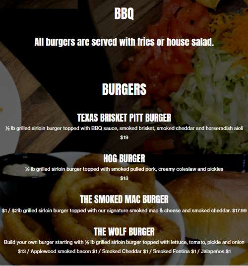 The Black Wolf Smokehouse menu in Orangeville, Ontario, Canada