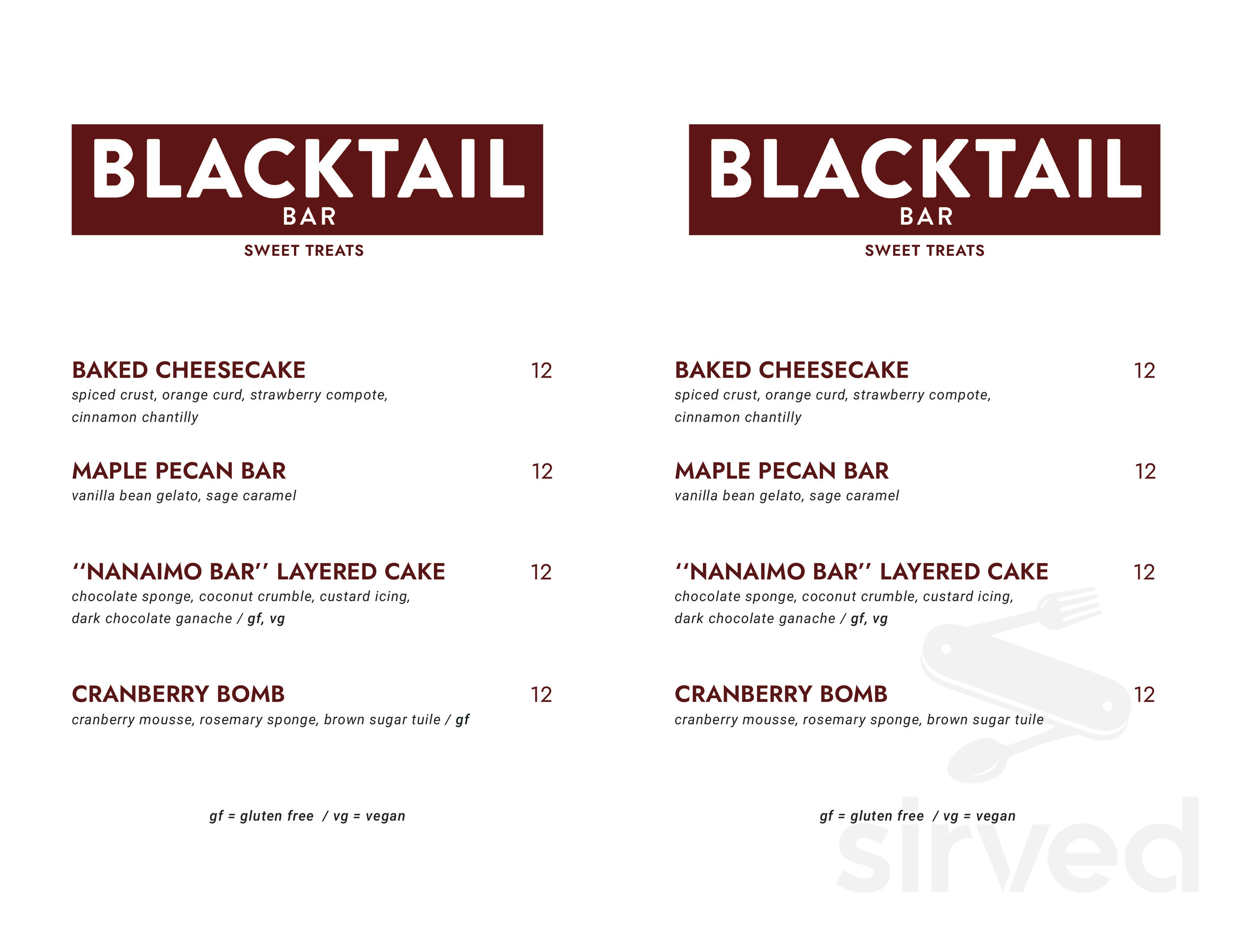 Menu - Kananaskis AB's Blacktail Bar | Sirved