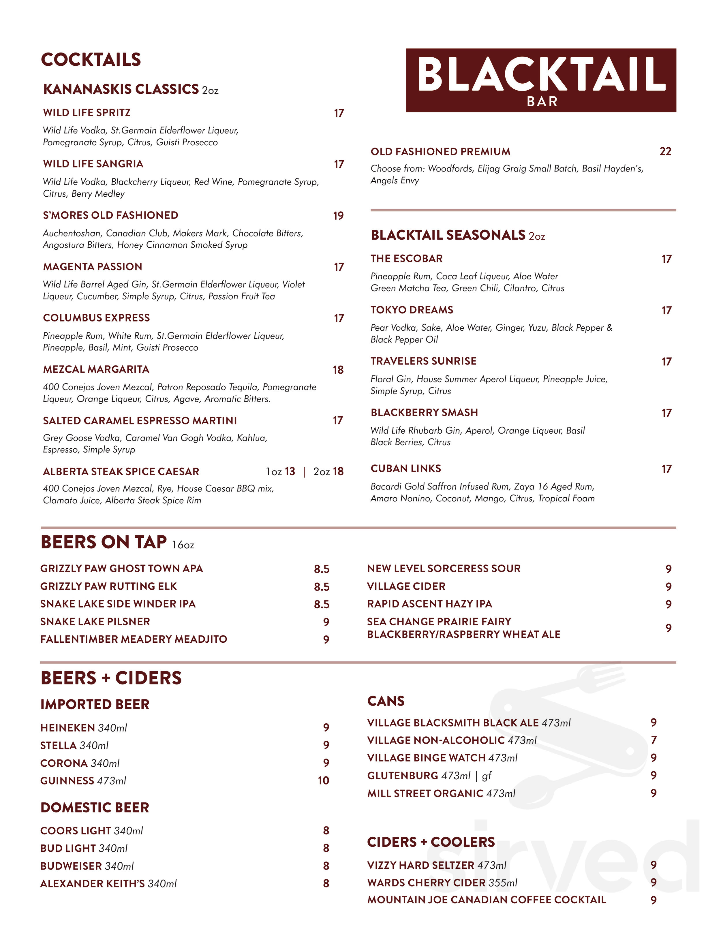 Menu - Kananaskis AB's Blacktail Bar | Sirved