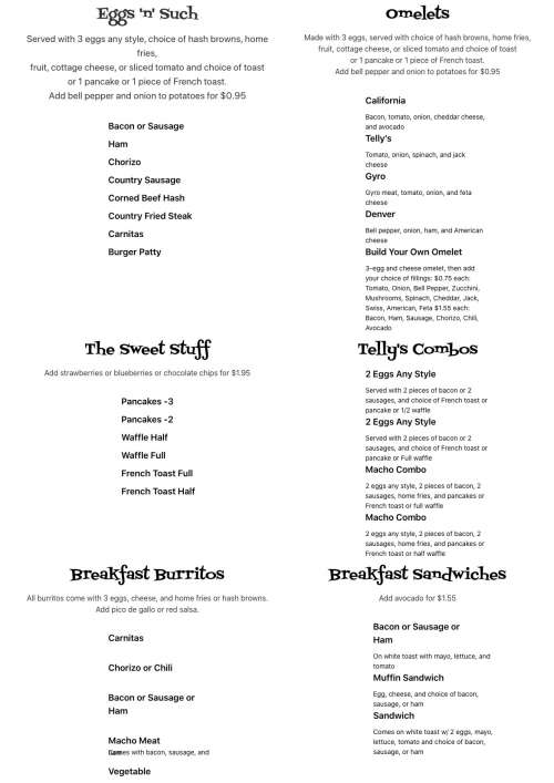 Telly's Charburgers menu in Santa Clarita, California, USA