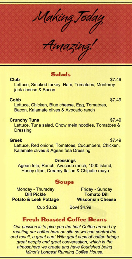 Broadway Bean and Bagel Co. menu in Minot, North Dakota, USA