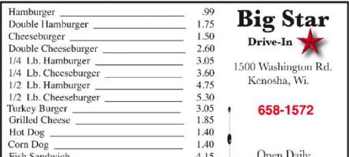 Menu for Big Star Drive-In in Kenosha, WI | Sirved