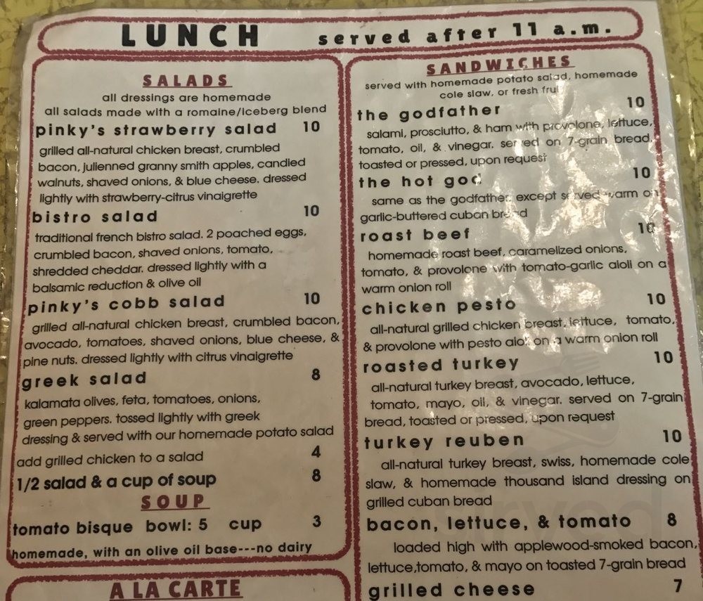 Pinky's Diner menu in Tampa, Florida, USA