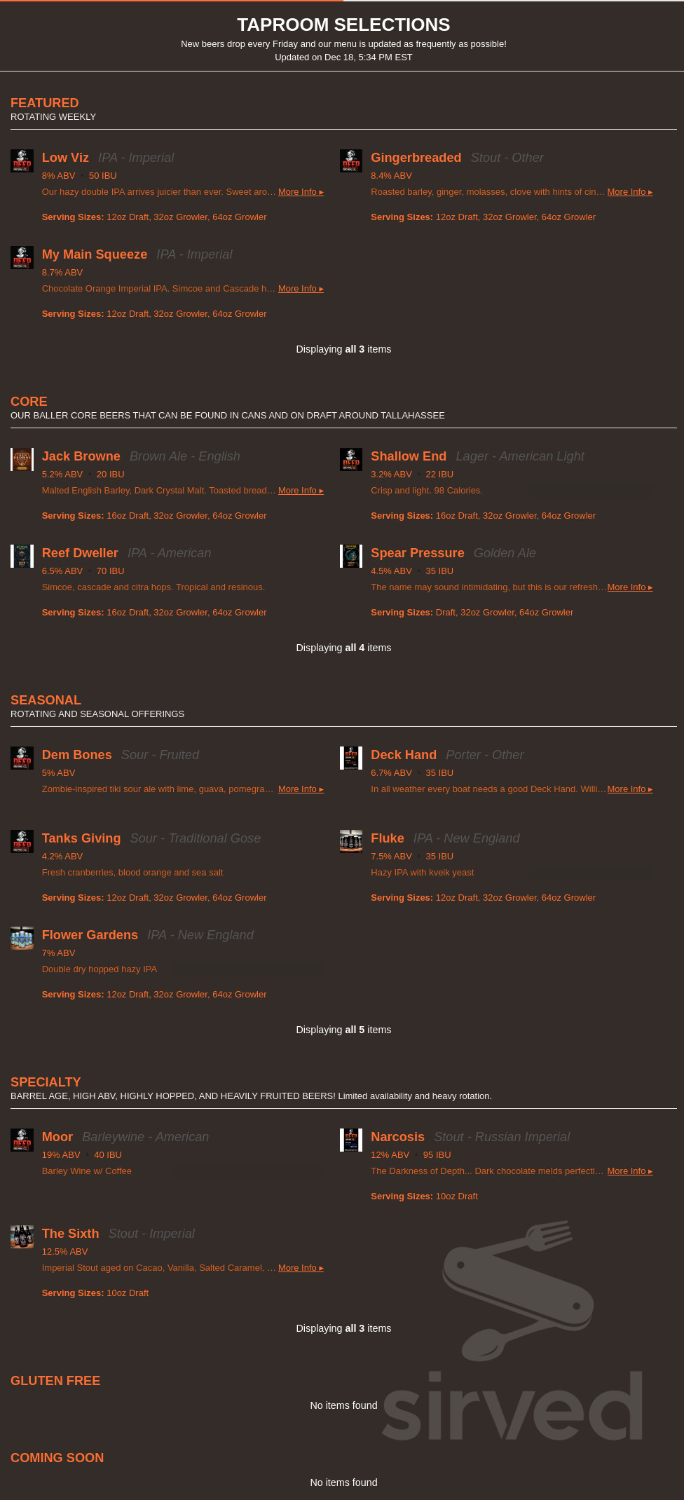 DEEP Brewing Company menu in Tallahassee, Florida, USA