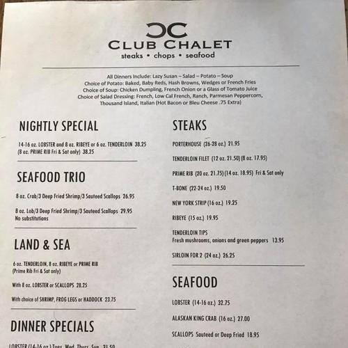 Club Chalet Supper Club menu in Green Bay, Wisconsin, USA