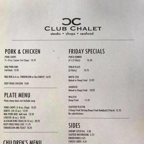 Club Chalet Supper Club menu in Green Bay, Wisconsin, USA
