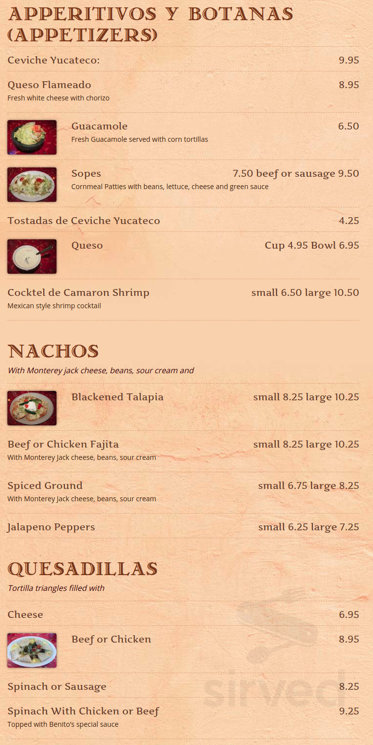 Benito's Taqueria menu in Fort Worth, Texas, USA