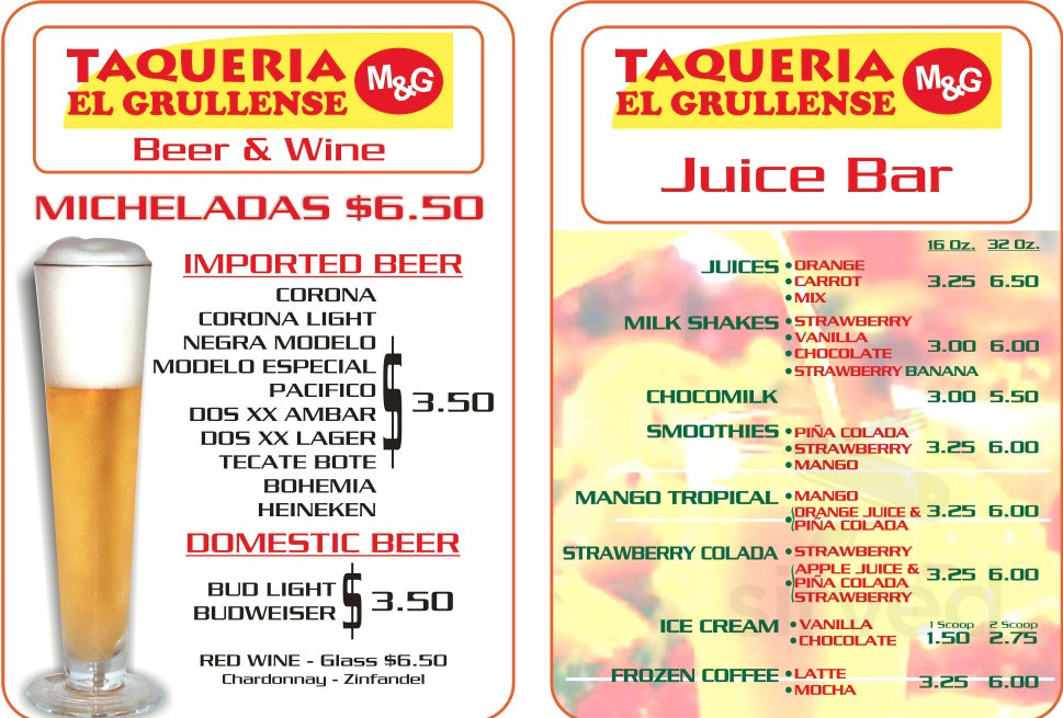Menu - Palo Alto CA's Taqueria El Grullense M & G | Sirved