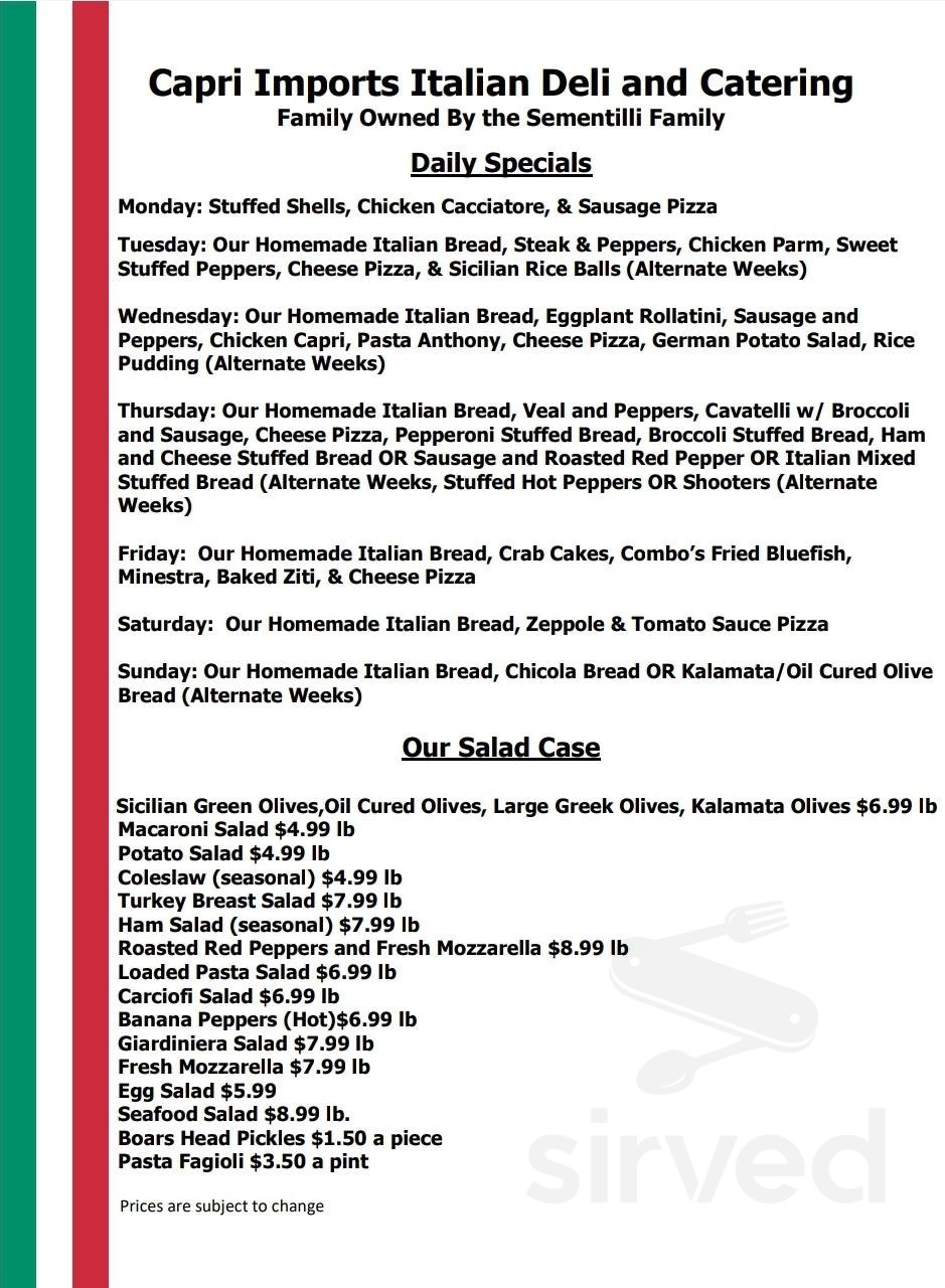 Capri Imports Italian Deli menu in Schenectady, New York, USA