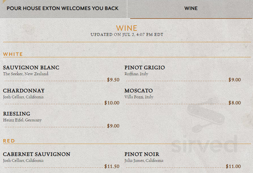 Menu - Exton PA's The Pour House [Exton] | Sirved