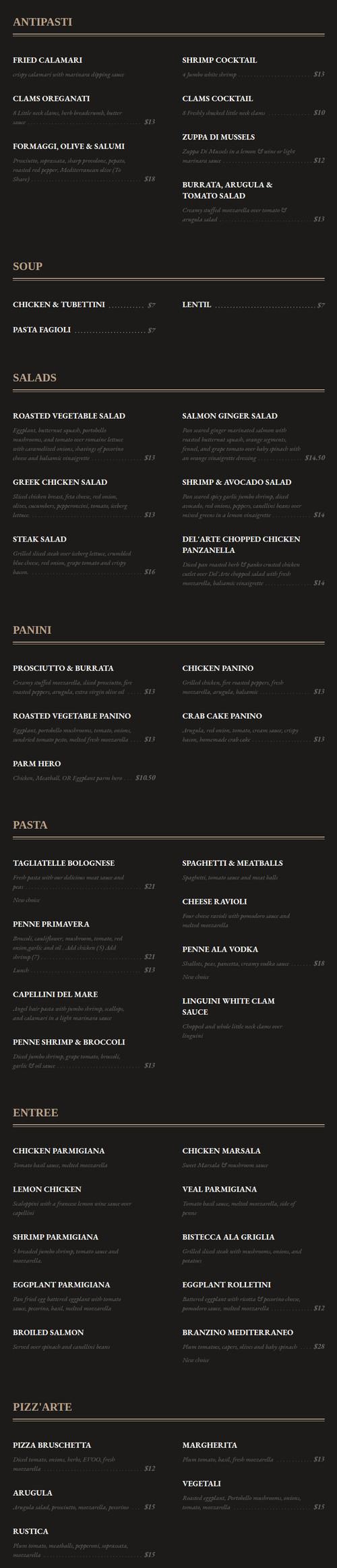 Del' Arte Restaurant menu in Orangeburg, New York, USA