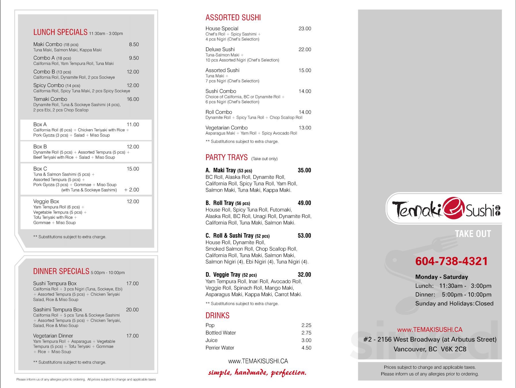 Temaki Sushi menu in Vancouver, British Columbia, Canada