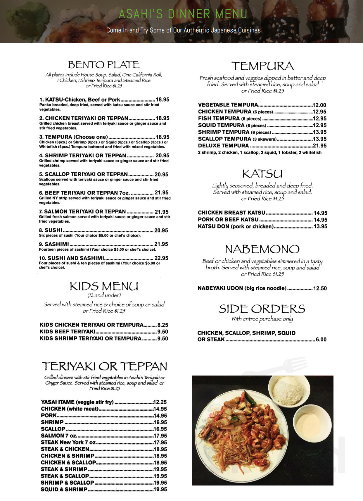 Menu for Asahi Japanese Restaurant and Sushi Bar in Orange City ...