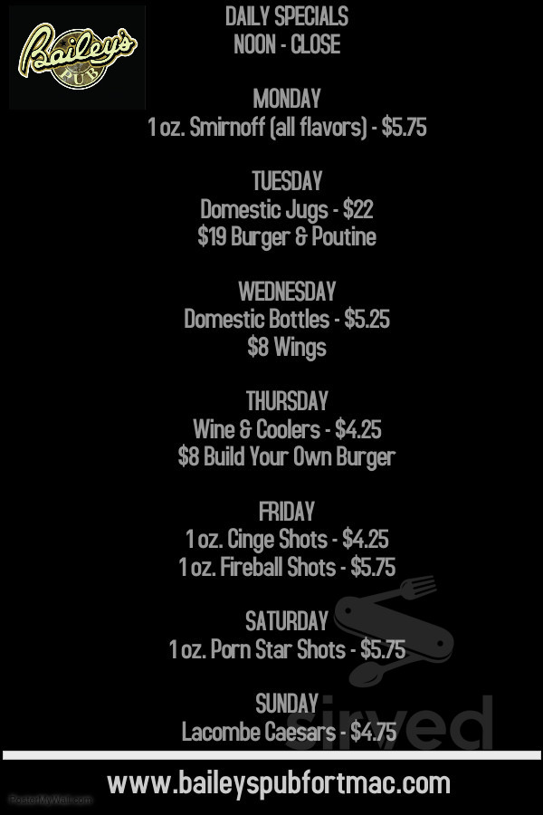 Menu - Fort McMurray AB's Bailey's Pub | Sirved