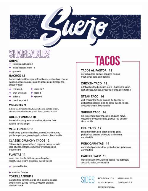 Sueño menu in Philadelphia, Pennsylvania, USA