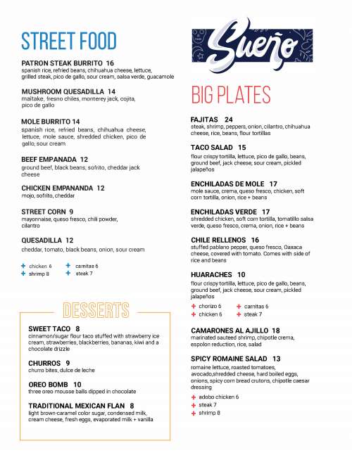 Sueño menu in Philadelphia, Pennsylvania, USA