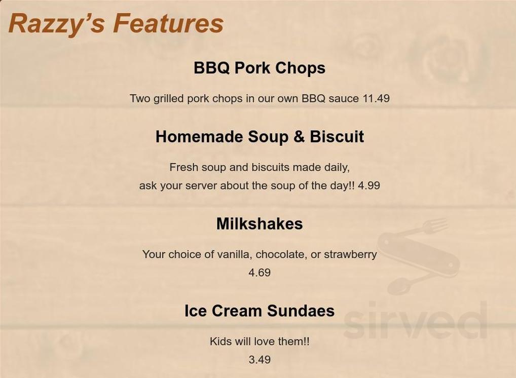 Razzy's Roadhouse menu in Charlottetown, Prince Edward Island, Canada
