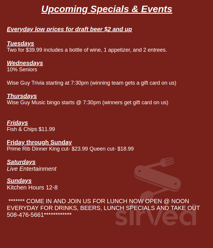 Grille on Main Restaurant & Bar menu in Douglas, Massachusetts, USA