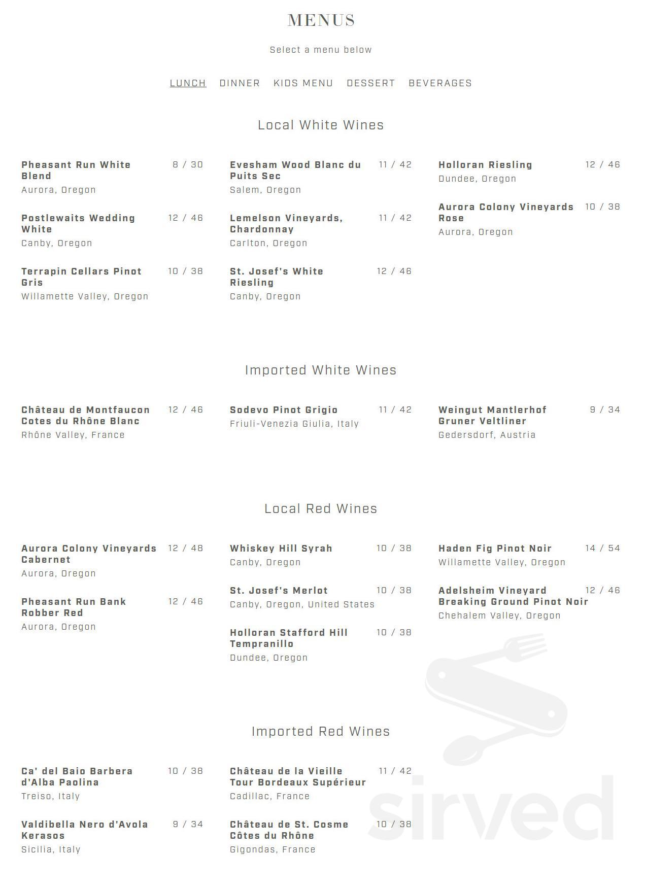 Filberts Farmhouse Kitchen menu in Aurora, Oregon, USA