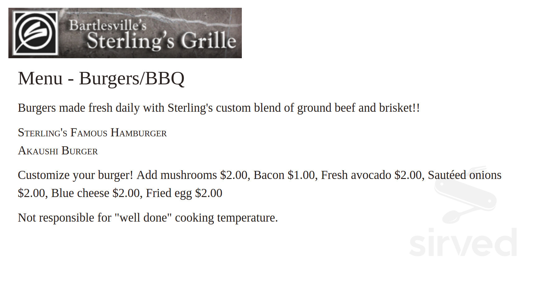 Sterlings Grille menus in Bartlesville, Oklahoma, United States