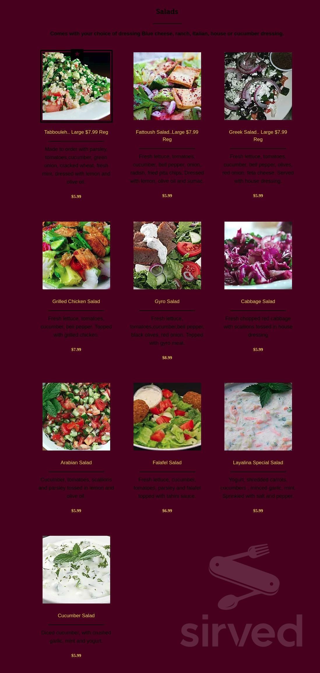 Layalina Mediterranean Restaurant and Lounge menu in Denton, Texas, USA