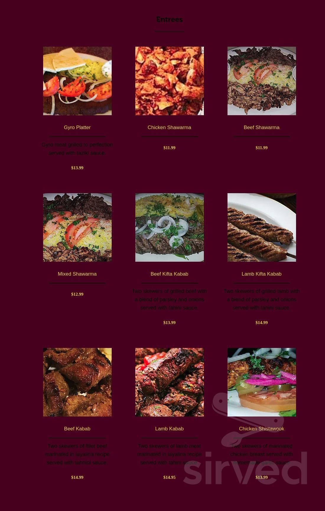 Layalina Mediterranean Restaurant and Lounge menu in Denton, Texas, USA