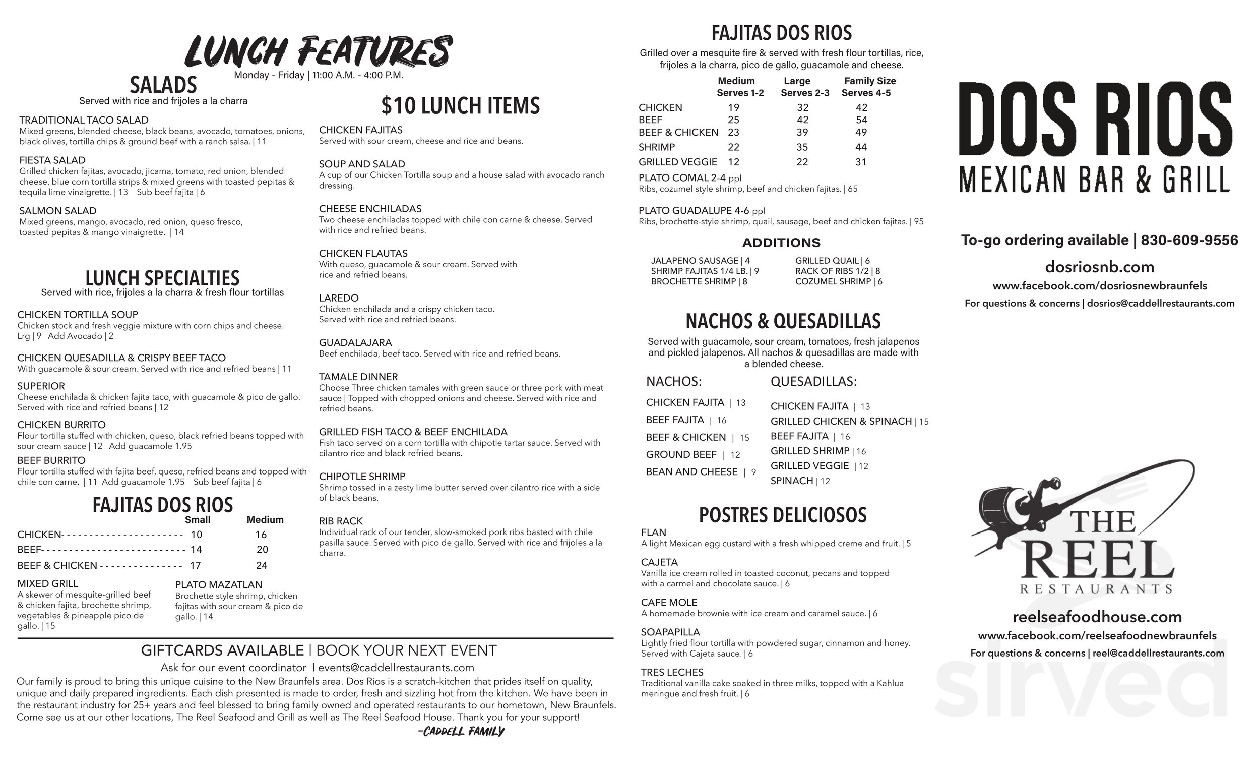 Menu for Dos Rios Mexican Bar & Grill in New Braunfels, TX | Sirved