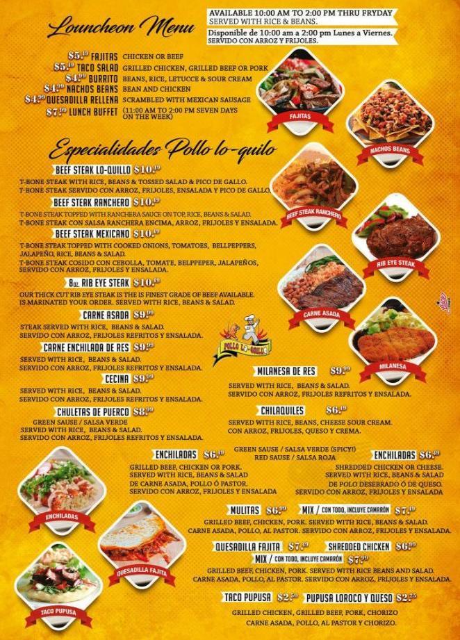 Pollo-lo-Quillo menu in Russellville, Alabama, USA